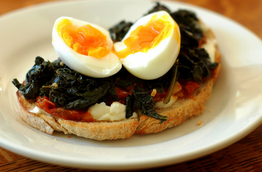 Savory toast: braised kale, roasted tomatoes, and soft-boiled eggs ...