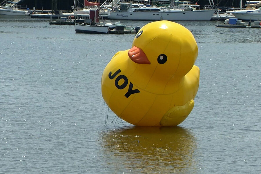 Inflated duck in Maine harbor is big, buoyant, and has a message – joy